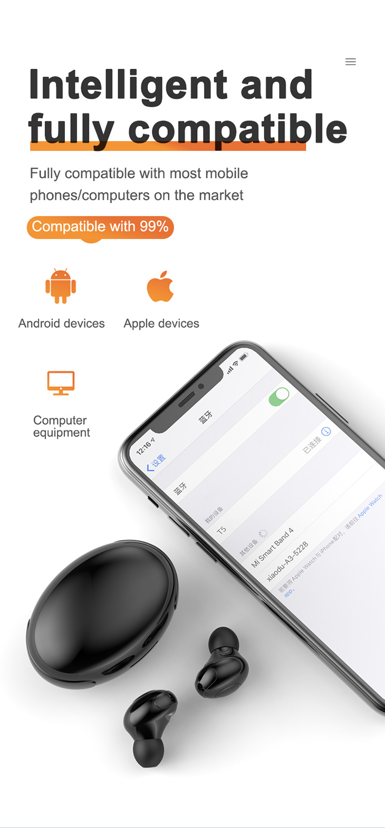 T5 TWS Wireless Bluetooth 5.0 Earbuds White - Mobile City